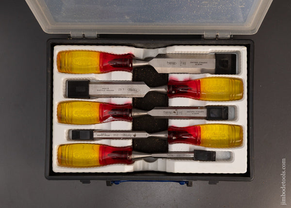Near Mint in Box Set of 5 MARPLES Bevel Edge Tang Firmer Chisels in Or ...