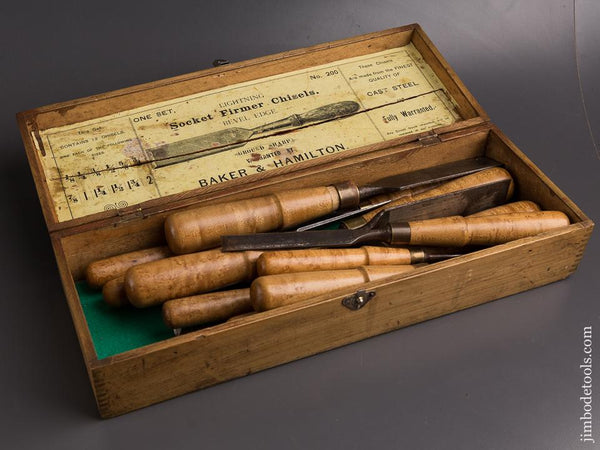 COMPLETE Set of Twelve TWO CHERRIES Tang Firmer Chisels in Wooden Box ...